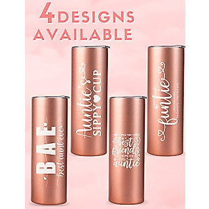 Onebttl Aunt Gifts from Niece, Nephew, Insulated Stainless Steel Wine Tumbler with Lid and Straw, 20 oz, Gifts for Auntie on Pregnancy Announcement, Rose Gold, The best friends get promoted to auntie