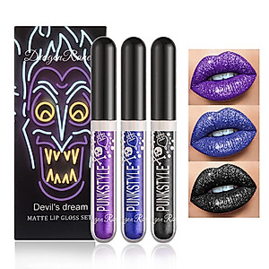 3PCS Black Blue Purple Liquid Glitter Lipstick Glitter Lip Gloss Set,Diamond Shimmer Matte Lipstick Set Long Lasting High Pigment Glitter Lip Stick Kit Lip Gloss Set Halloween Makeup Gift - Set D