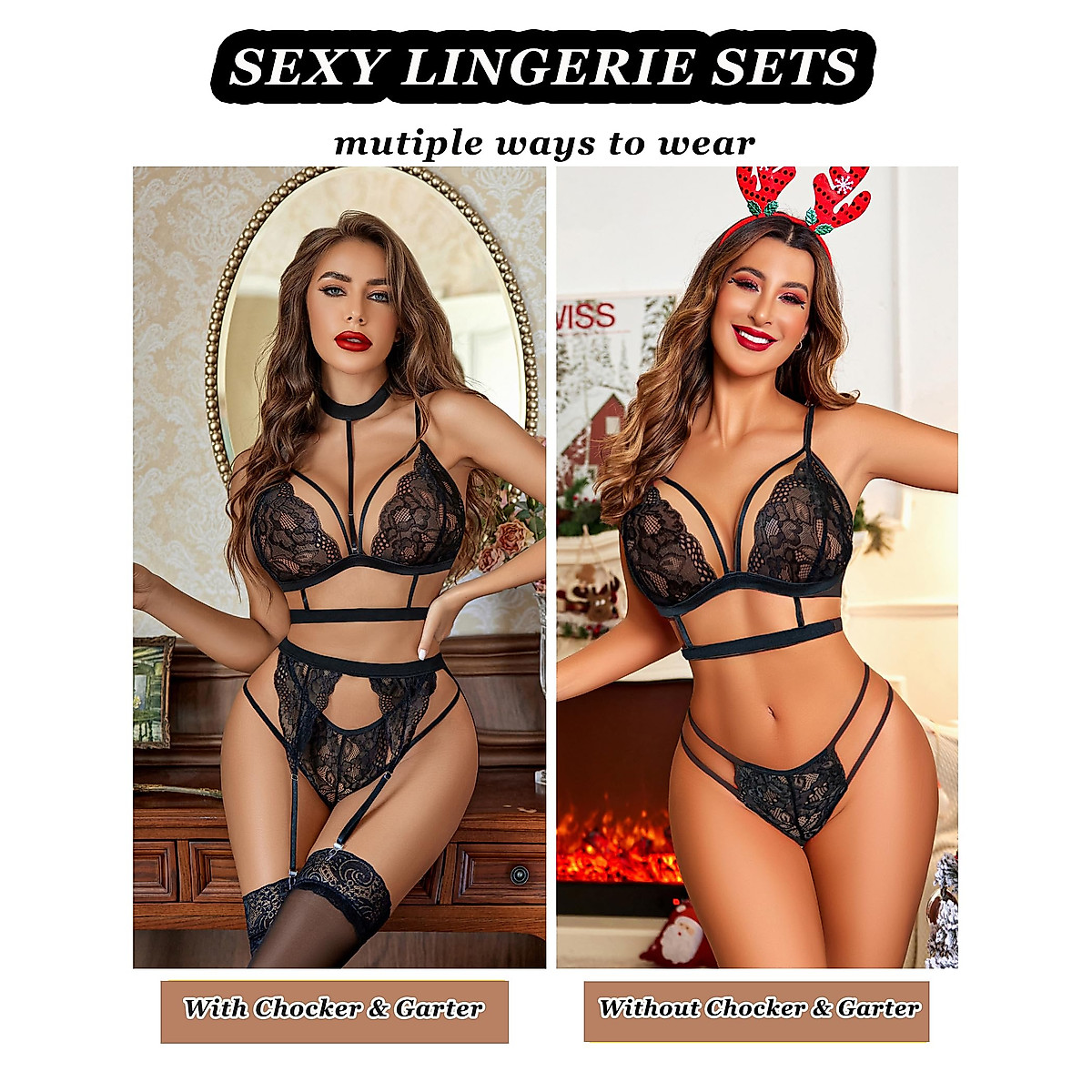Avidlove Women Lace Garter Lingerie Set Sexy Bralette Bra and Panty Set(Black,Small)
