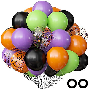 OuMuaMua 62PCS Halloween Party Balloons Decorations, 12 Inch Black Orange Green Purple Balloons Confetti Balloons for Kids Halloween Party Decorations Birthday Baby Shower Bachelorette Favors Supplies