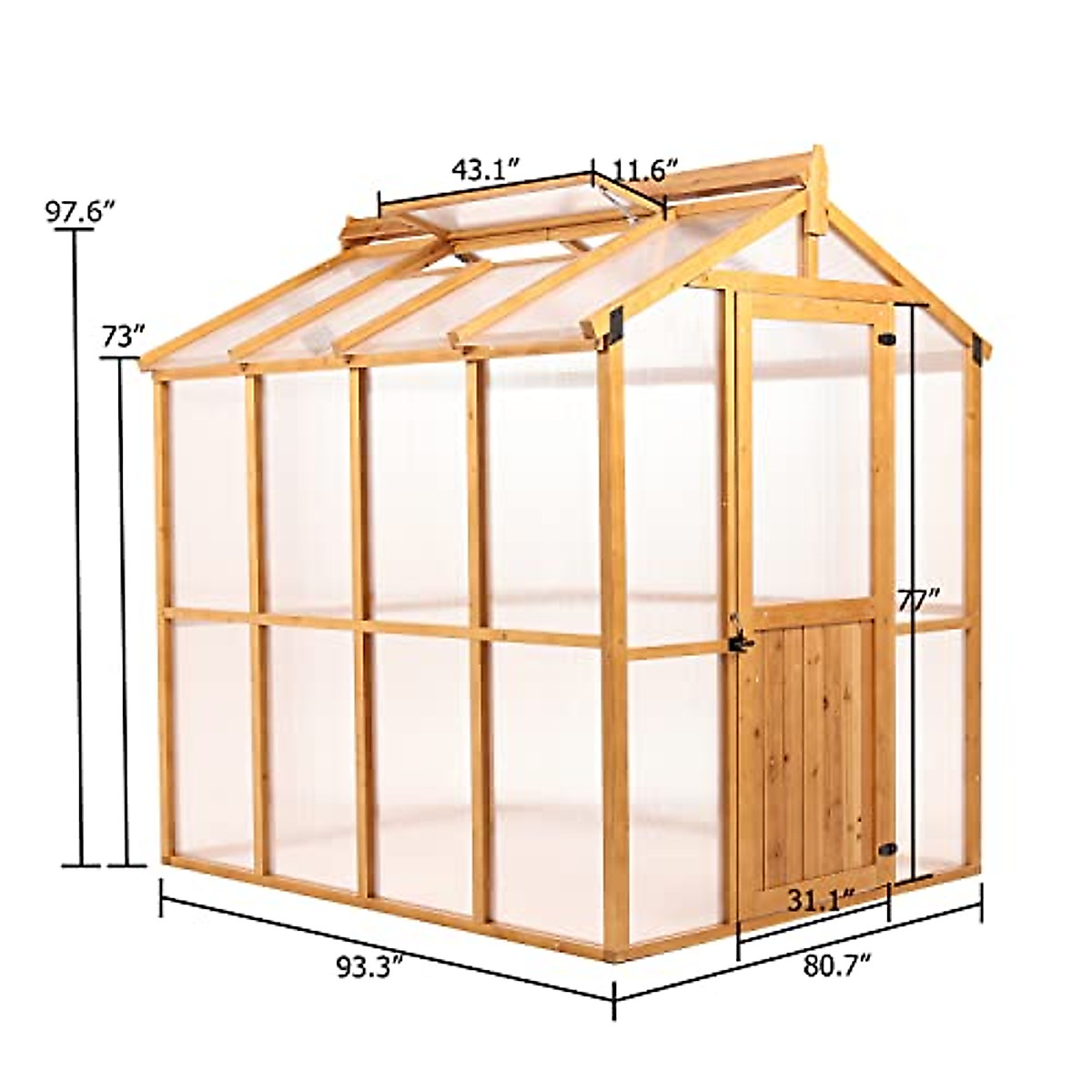 Aoodor 81” (L) x 93”(W) x 98”(H) Outdoor Walk-in Greenhouse, Plant Gardening Polycarbonate Green House with Roof Vent and Fir Frame for Backyard Garden