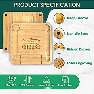 KITCHENVOY Bamboo Cheese Board Set with Slide-Out Drawer, Knife Set, Ceramic Bowls - Sweet Dreams Are Made of Cheese - Charcuterie Boards Gift Set for Christmas, Birthday, Housewarming, Wedding