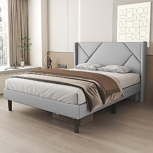 QIAYA Bed Frame Queen Size Upholstered Platform with Fabric Wingback Headboard/12 Solid Wooden Slats, Non-Slip and Noise-Free, No Box Spring Needed, Light Gray