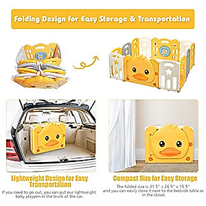 Costzon Baby Playpen, 16-Panel Portable Baby Play Yards with Yellow Duck Pattern, Door with Safety Lock, Indoor Outdoor Foldable Baby Fence with Non-Slip Rubber Bases & Rubber Suction Cups (16 Panel)