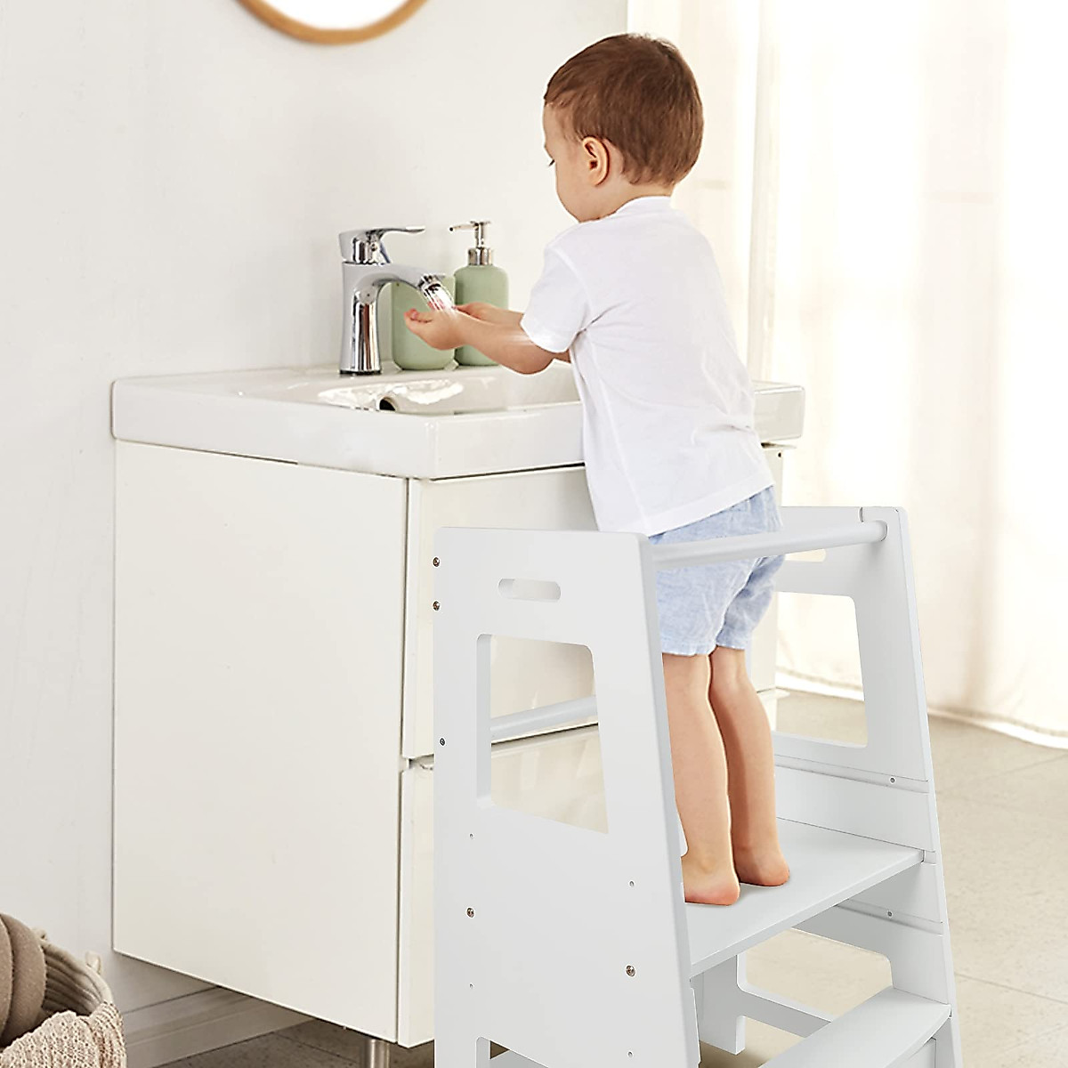 ECOMEX Toddler Standing Tower for Kitchen, Step Stool for Kid's Adjustable Height Learning Stool, Removable Anti-Drop Safety Rail Stool for Bedroom, Bathroom, White