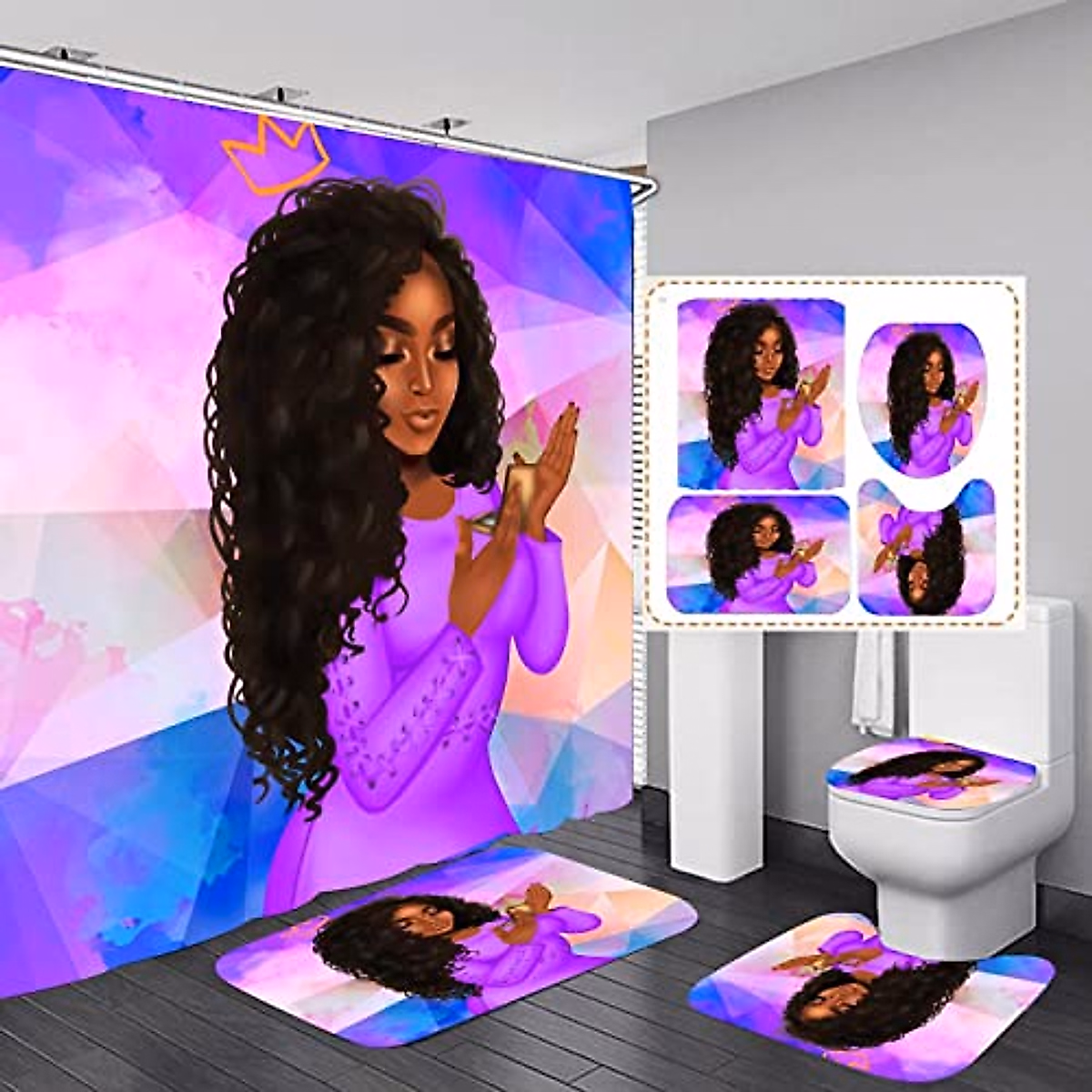 African American Woman Shower Curtains for Bathroom, 4PCS Bathroom Sets Include 1 Fabric Shower Curtain, 2 Non-Slip Bathroom Rugs and 1 Toilet Lid Cover, Black Girl Bathroom Decor