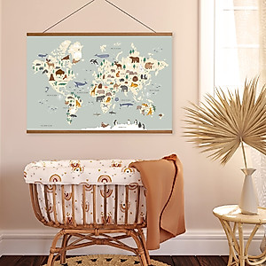 Lenny’s World Animal World Map For Kids - Large 36"x24" Educational Geography Maps For Baby Toddler Wall, Classroom Decor, Linen Canvas With Wood Hanger - Learning Tapestry Poster For Preschool