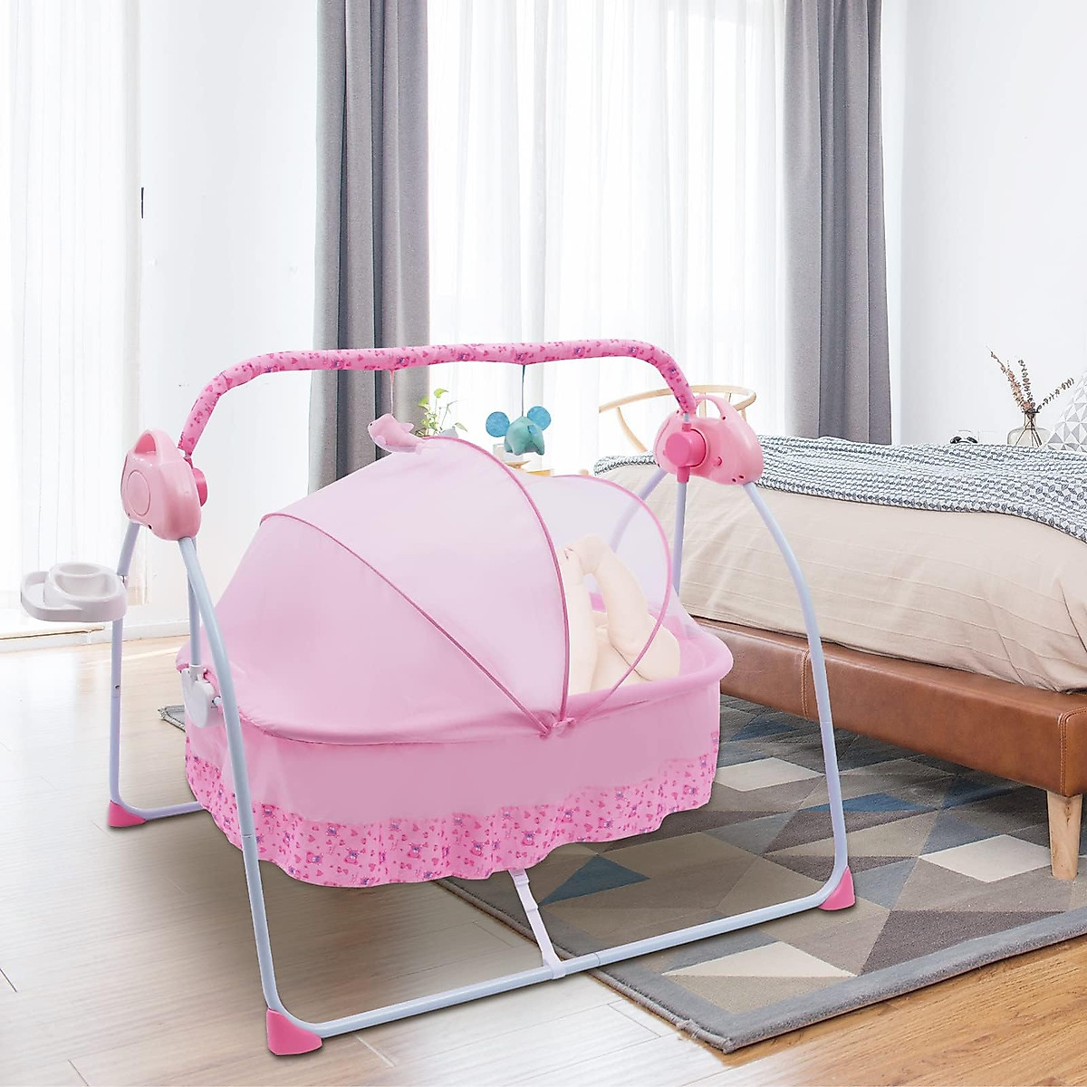 TFCFL Electric Baby Crib Cradle, 0-18 MonthsInfant Bed Auto Swing with Remote Control & Music, 25KG/55LBS Capacity, Foldable Baby Bassinet, Pink