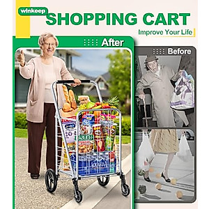 winkeep Newly Released Grocery Utility Flat Folding Shopping Cart with 360° Rolling Swivel Wheels Heavy Duty & Light Weight Extra Large Utility Cart