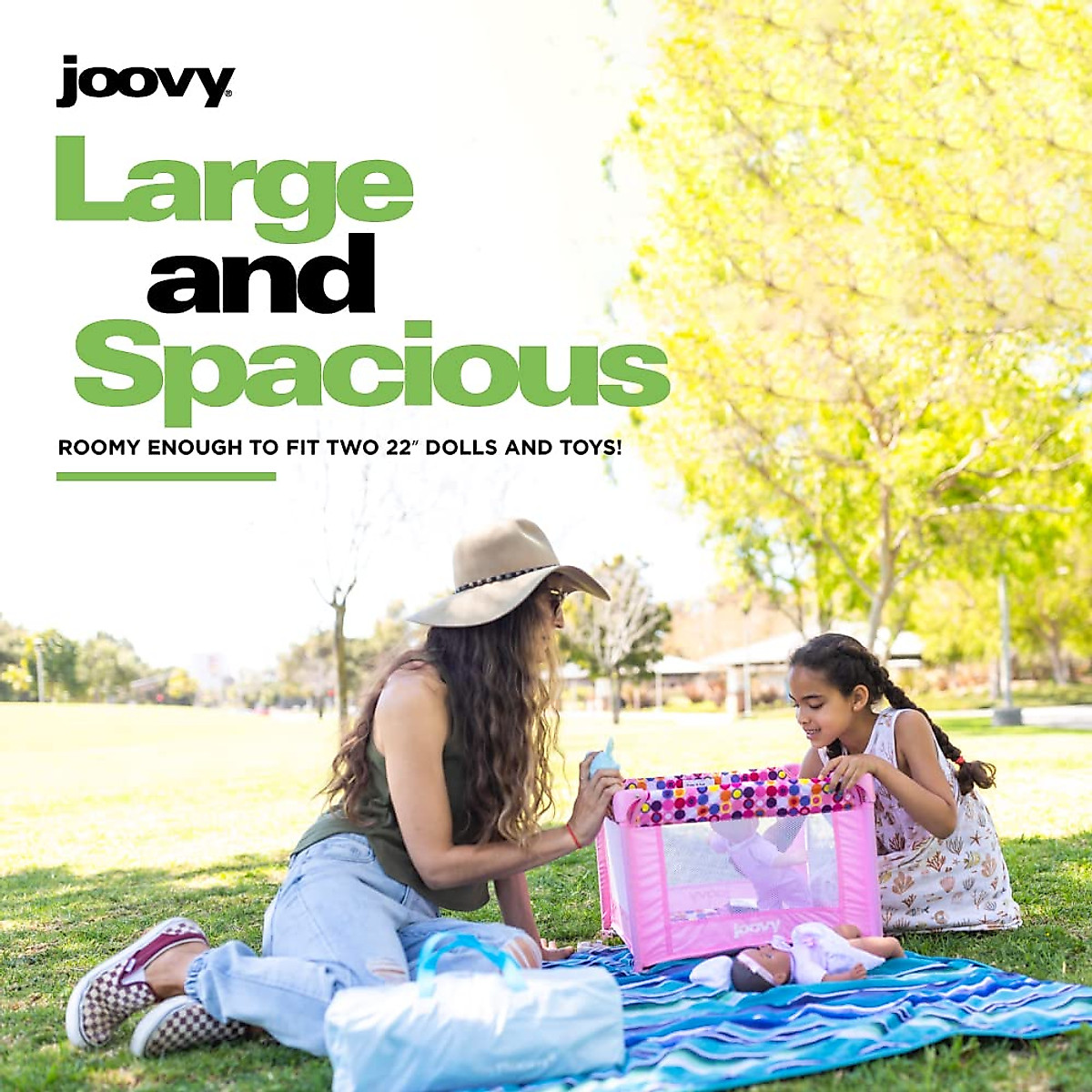 Joovy Toy Room² Playard Baby Doll Playpen Featuring Sturdy Steel Frame and Collapsible Design Allows for Easy Fold for Travel, and Travel Case - Large Enough for 22” Dolls (Blue Dot)