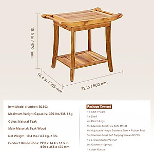 VEVOR Teak Shower Bench with Handles, 22in Waterproof Wood Shower Stool with Storage Shelf Non-Slip Feet, 300 lbs Load Capacity Shower Chair Seat, for Bathroom Indoor and Outdoor Use