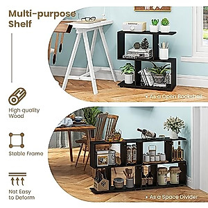 Tangkula 2 Tier Geometric Bookshelf, Freestanding Wood Display Shelf, Home Office Décor Room Divider S Shaped Open Bookcase, Small Bookshelf for Small Spaces, Living Room, Bedroom, Study (Black, 1)