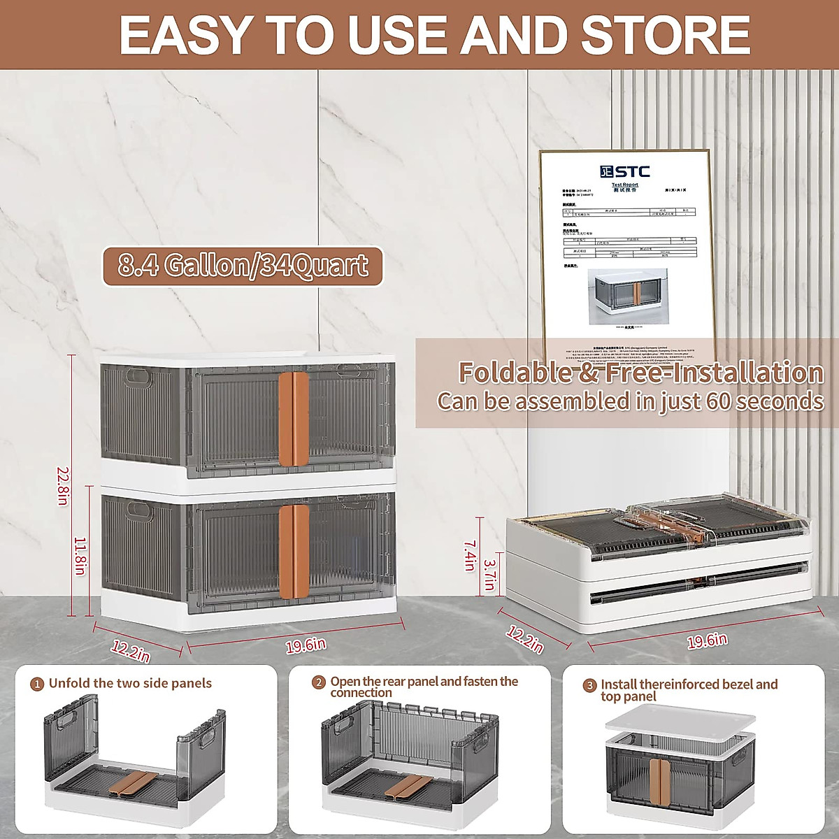 Sineda Storage Bins with Lids - 8.4 Gallon Stackable Storage Bins. Collapsible Storage Bins with Wheels and Door, Ideal for Storage and Organization. (8.4 Gal - 2 Pack, White)