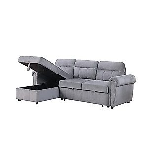 FANYE L-Shaped Oversized Reversible Convertible Tufted Sleeper Sectional Sofa with Pull Out Sleeper Couch Bed,Nailhead Decor Armrests and Storage Chaise for Living Room, Grey Velvet Sofabed