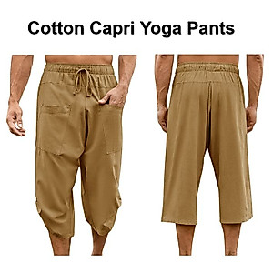 Gafeng Mens Linen Harem Capri Pants Drawstring 3/4 Shorts Casual Beach Yoga Hippie Thai Pants