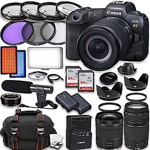 Canon EOS R5 Full Frame Mirrorless Camera with RF 24-105mm STM Lens & 75-300mm f/4-5.6 III Lens, Accessories Including: 2X 64GB Cards, LED Video Light, Microphone, Extra Battery, Case (Renewed)