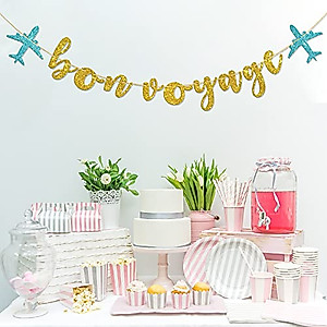 Halodete Bon Voyage Banner, Retirement Banner, Farewell, Going Away, Adventure Awaits Celebration Party Garland Bunting Decorations - Gold Glitter