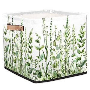 Tablerazzi Sage Green Leaves Cube Storage Bin, 13 Inch Collapsible Fabric Storage Cube Bin, Spring Eucalyptus Foldable Cube Baskets for Shelf, Closet, Organizer