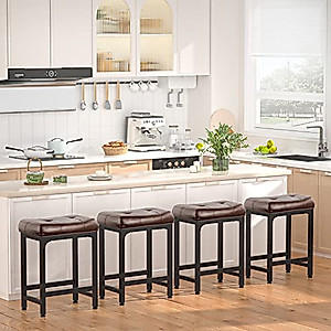 Aheaplus Bar Stools Set of 2, 24 Inch Counter-Height Stools Saddle Stool, PU Leather Barstools with Metal Base, Footrest, Industrial Stools for Dining Room Kitchen Island, Counter, Pub, Bar, Brown