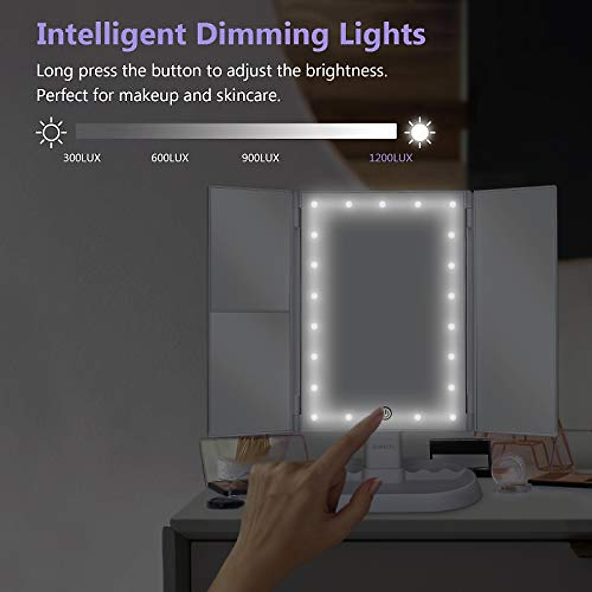 deweisn Trifold Lighted Vanity Makeup Mirror with 21 LEDs Lights,1x/2x/3x Magnification and Touch Screen Dimming,Two Power Supplies Makeup Mirror, Gift for Women