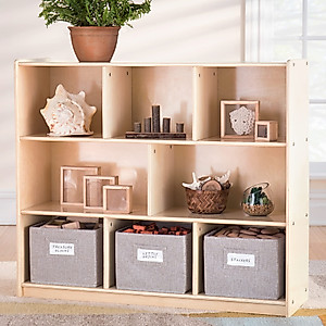 Guidecraft EdQ Three Shelf Compartment Storage Natural with 3 Fabric Bins: Wood Bookshelf and Toy Organizer for Kids, Storage Unit for Homeschool and Classroom