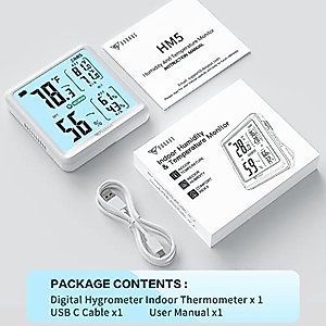 DOQAUS Digital Hygrometer Indoor Thermometer for Home, Room Thermometer with 3s Fast Refresh & Max Min Records, Temperature Humidity Monitor Meter with Touch LCD Backlight, USB Rechargeable