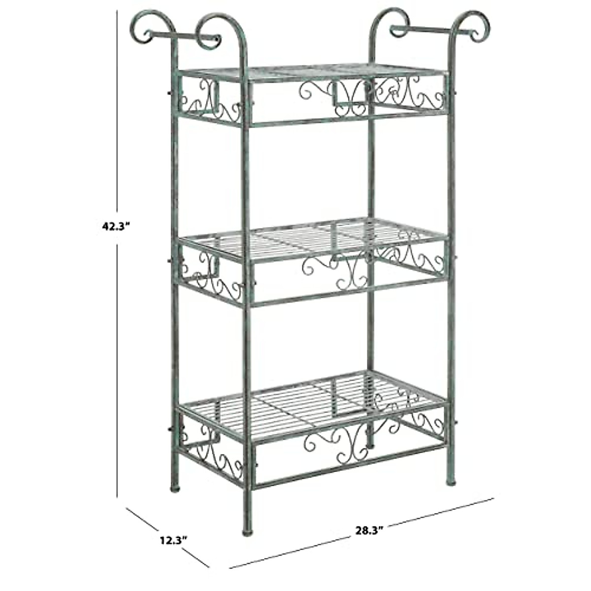 SAFAVIEH Outdoor Collection Noreen Victorian Scroll Antique Dark Green Wrought Iron 3-Tier Shelf