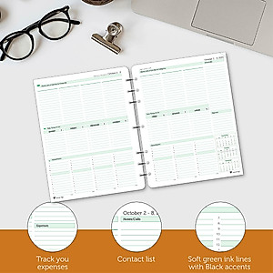 Planner Pad 7 Hole Loose Leaf 3-Tier Funnel Down 12 Month Organizer, Oct 1st Start (Oct 2023 - Sept 2024), Soft Green Ink, 8 1/2" x 11”