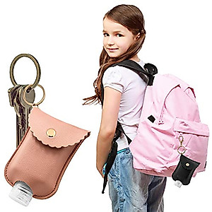 Hzran Portable Squeeze Bottle, Empty Leakproof Plastic Travel Bottle with Leather Keychain Holder for Hand Sanitizer, Essential Oil, Refillable Bottle Clips to Diaper Bag, Travel Bag(2oz 2 pack-Pink)