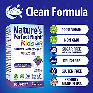 Nature's Perfect Night Kids | Kids Melatonin 1mg | 100 Chewable Tablets | Natural Grape Flavor | Sugar Free | Vegan | Gluten Free | Drug Free | Value Size