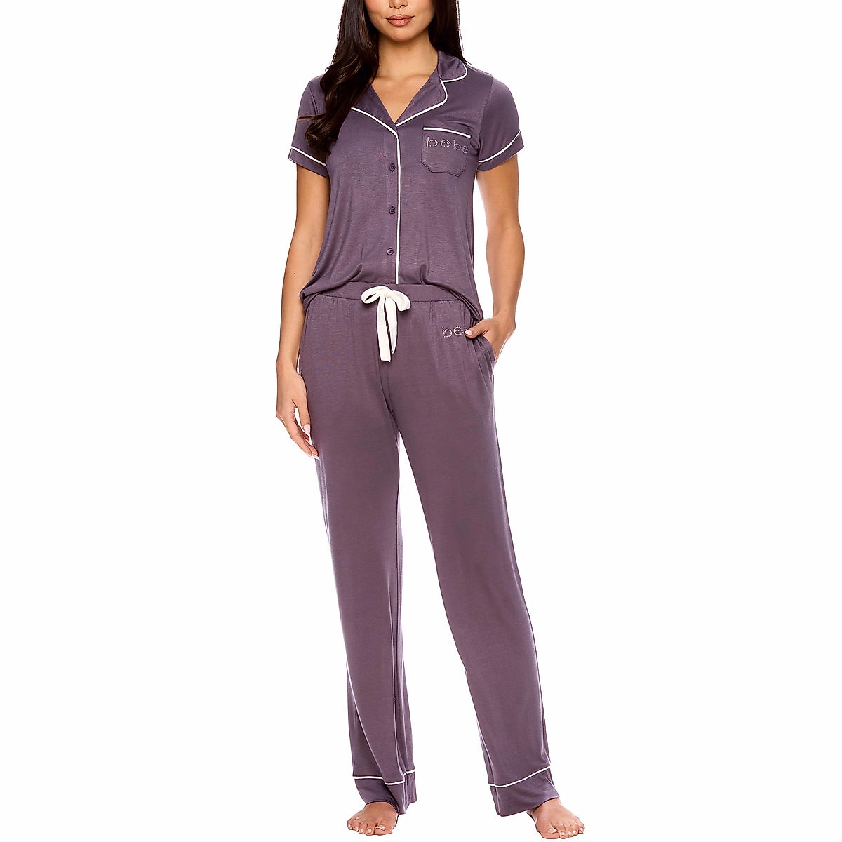 bebe Womens Pajama Sets - Notch Collar Pajama Top and Pajama Pants PJ Set - Ladies Pajamas (Midnight Lavender, Large)