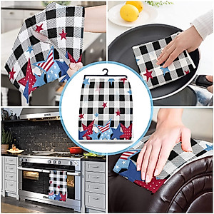Kewadony 4th of July Kitchen Towels 1 Pack Dish Towels for Kitchen, Independence Day USA Flag Star Black Buffalo Plaid Absorbent Microfiber Hand Towels for Bathroom, Soft Tea Towels, 18 x 28 Inch