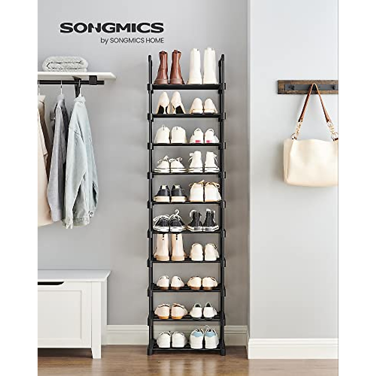 SONGMICS Shoe Rack, 10 Tier Shoe Organizer, Metal Shoe Storage Shelf for 20 Pairs of Shoes, Easy to Assemble, Entryway, Black ULSA25BK