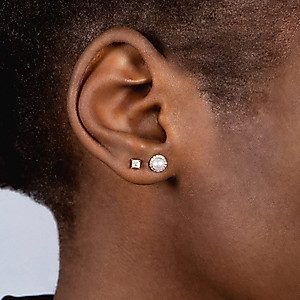 Jewelili 10k Yellow Gold Stud Earrings with 4mm Round Pearl and Natural White Round Diamonds, 1/10 cttw