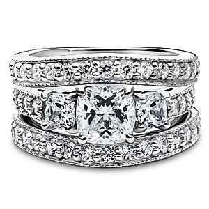BERRICLE Sterling Silver 3-Stone Wedding Engagement Rings Cushion Cut Cubic Zirconia CZ Ring Set for Women, Rhodium Plated Size 8.5