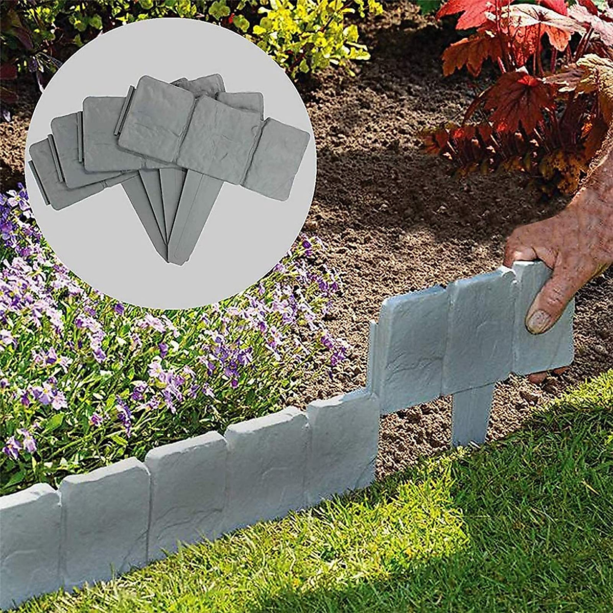 Fonzci 10Pcs Garden Plastic Fence Edging Garden Lawn Edging Plant Border Lawn Fence Stone Effect Fence Stone Edging for Walkways Landscape Garden Patio