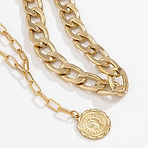 JWICOS Gold Boho Cuban Chunky Necklace Layered Dainty Paperclip with Coin Pendant Choker Chain for Women and Girls (Gold)