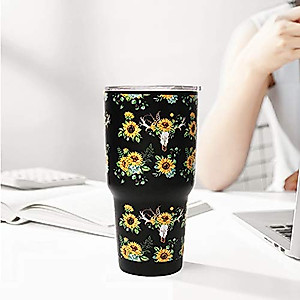 JIU HONG CHAO 30oz Sunflower Stainless Steel Tumblers Travel Cofee Mugs with Lid Sun Flower Cups Cow Skull Insulated Cup Sunflower Gifts for Women Adults (Bullskull flower)