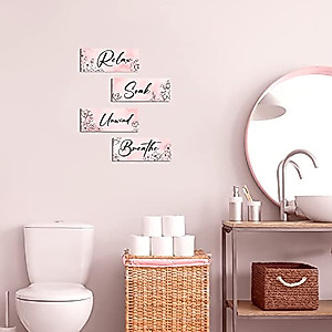 Creoate Pink Bathroom Wall Decor 4 Pieces Relax Soak Unwind Breathe Minimalist Bathroom Signs Floral Print Wooden Hanging Wall Decor for Women Small Farmhouse Home Bathroom