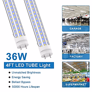 SHOPLED T8 LED Bulbs 4 Foot, 36W 6000K Cool White, Type B LED Tube Lights 4FT, D-Shaped, 4FT LED Bulbs Fluorescent Replacement, Ballast Bypass, 4 Pack