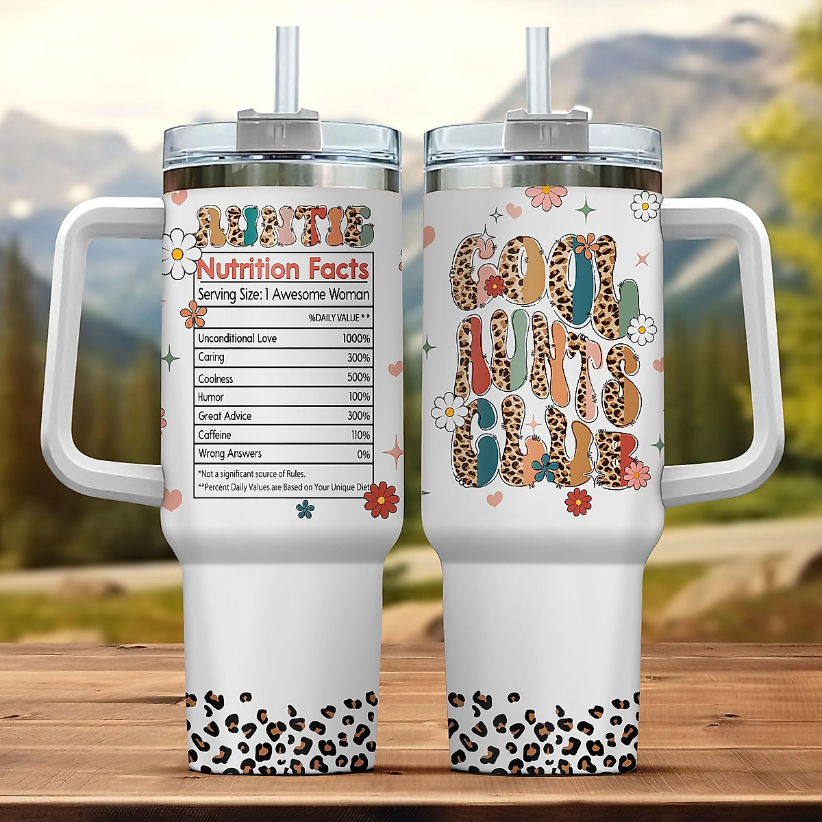 99OWL Cool Aunts Retro Leopard Nutrition Facts, Gift Daisy Black Handle Cups Print Heart Auntie Coffee For, Tumbler 40 Oz With Handle Lid And Straw, Aunt Gifts