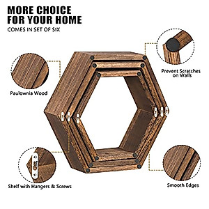 NORCEESAN Hexagon Floating Shelves Set of 6 Honeycomb Shelves for Wall Wood Farmhouse Storage Home Decor Shelf Wall Mounted Wooden Hexagonal Shelves for Bedroom Living Room Nursery, Rustic Brown
