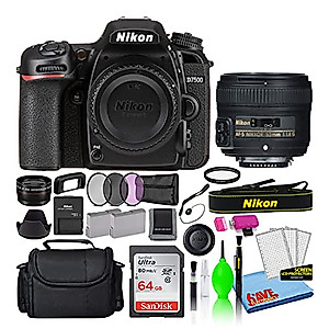 Nikon D7500 20.9MP DSLR Digital Camera with AF-S 50mm f/1.8G Lens (1581) Deluxe Bundle with 64GB SD Card + Large Camera Bag + Filter Kit + Spare Battery + Telephoto Lens (Renewed)