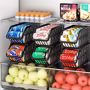GILLAS 6 Pack Stackable Soda Can Organizer for Refrigerator, Can Holder Dispenser, Canned Food Storage Rack for Fridge, Kitchen, Countertops, Cabinets, Black