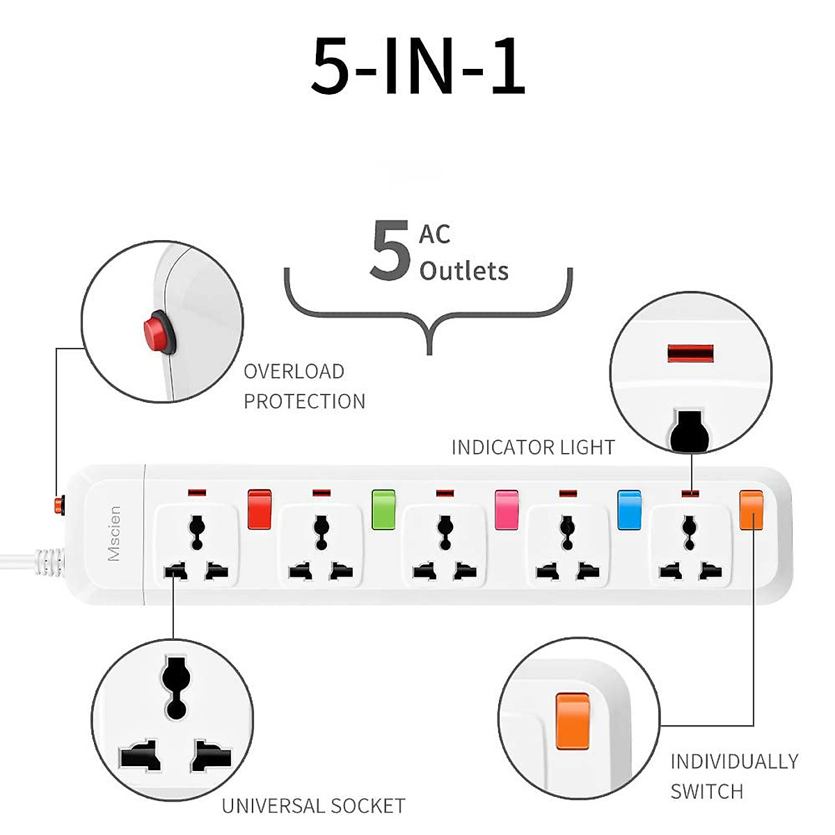 Mscien European Travel Plug Adapter Individual Switched, 5 Way Universal Power Strip with 1.8M Extension Cord