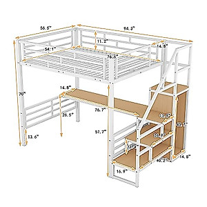 CITYLIGHT Full Size Loft Bed with Staircase and Desk, Metal Loft Bed Frame with Wardrobe and Storage Shelves, Full Loft Bed with Desk for Kids, Teens, Boys & Girls (Full, White)