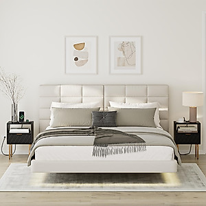 Aobafuir Nightstand with Charging Station, Drawer Dresser for Bedroom, Small Side Table with Drawer, Night Stand, End Table with Gold Frame for Bedroom, Living Room, Diamond Black