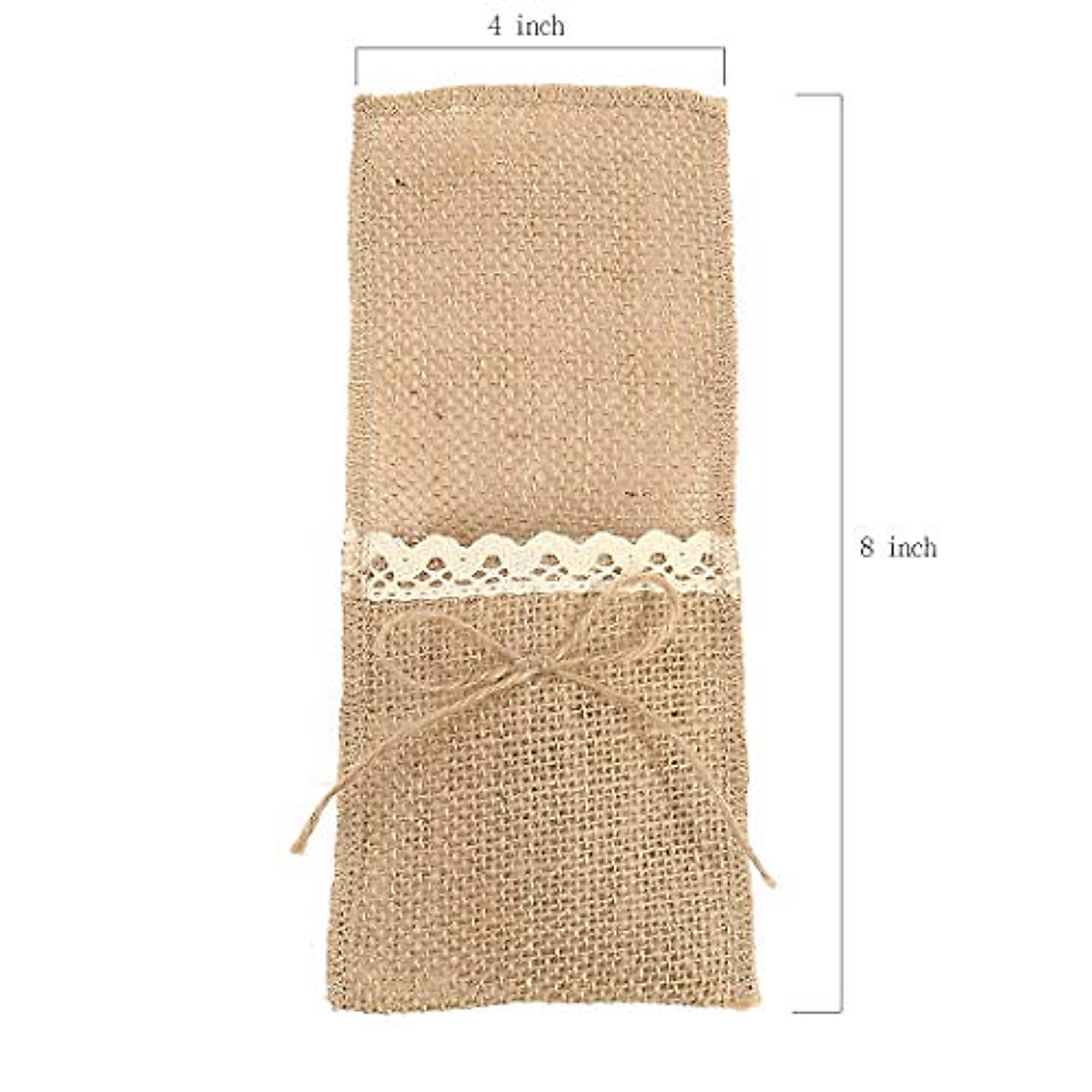 Topmodehome Burlap Cutlery Holders Lace Utensil Pouch Knifes Forks Bag for Vintage Natural Wedding (4x8inch, Rope Bow)