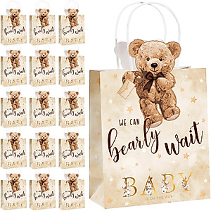 Tinlade 16 Pcs Teddy Bear Baby Shower Bags Paper Bear Party Bags with Handles We Can Bearly Wait Baby Shower Decorations Bear Baby Shower Favor Bags for Guests presents Supplies