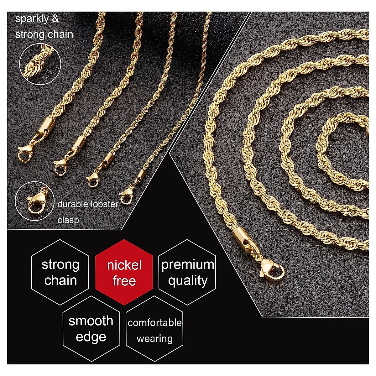 Monily Gold Plated Chain Necklace for Women 1.5MM 28 Inches Stainless Steel Twist Rope Chain for Women